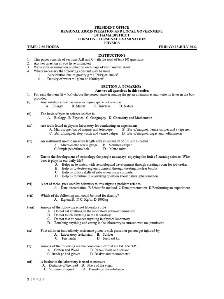 Physics Form One | PDF | Force | Mass