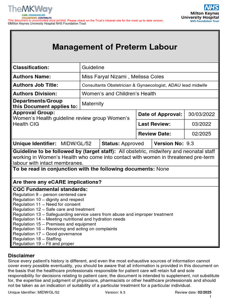 Management of Preterm Labour Guideline | PDF | Preterm Birth | Childbirth