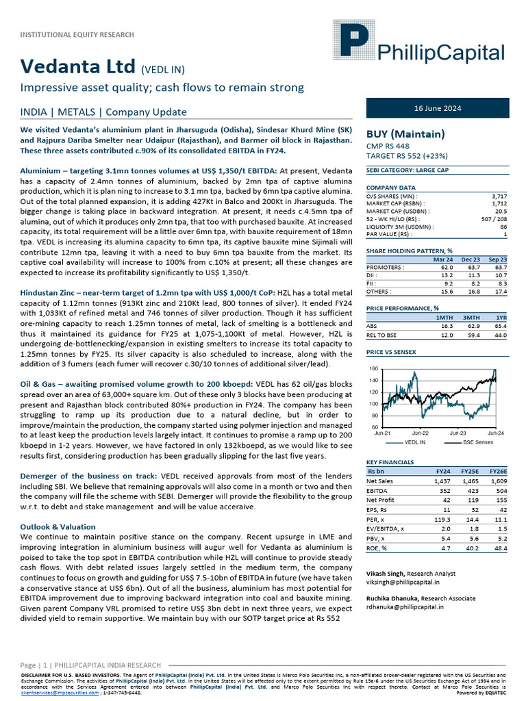 PC - Vedanta Plant Visit - June 2024 20240616231059 | PDF | Expense | Zinc