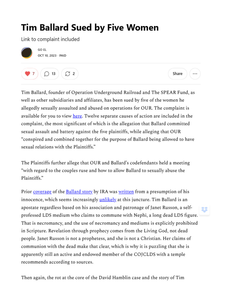 Tim Ballard Faces Lawsuit from Five Women | PDF | Mormonism | Latter ...