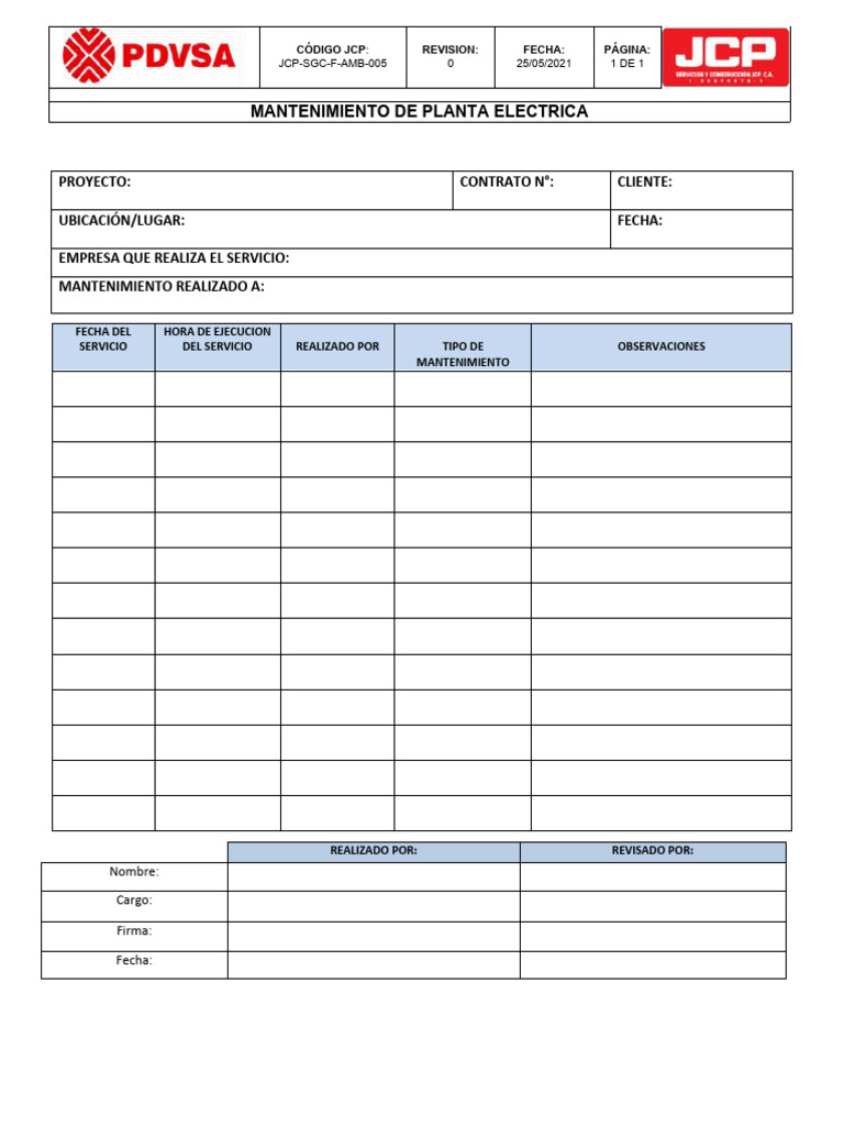 JCP SGC F Amb 005 Mantenimiento de Planta Electrica | PDF