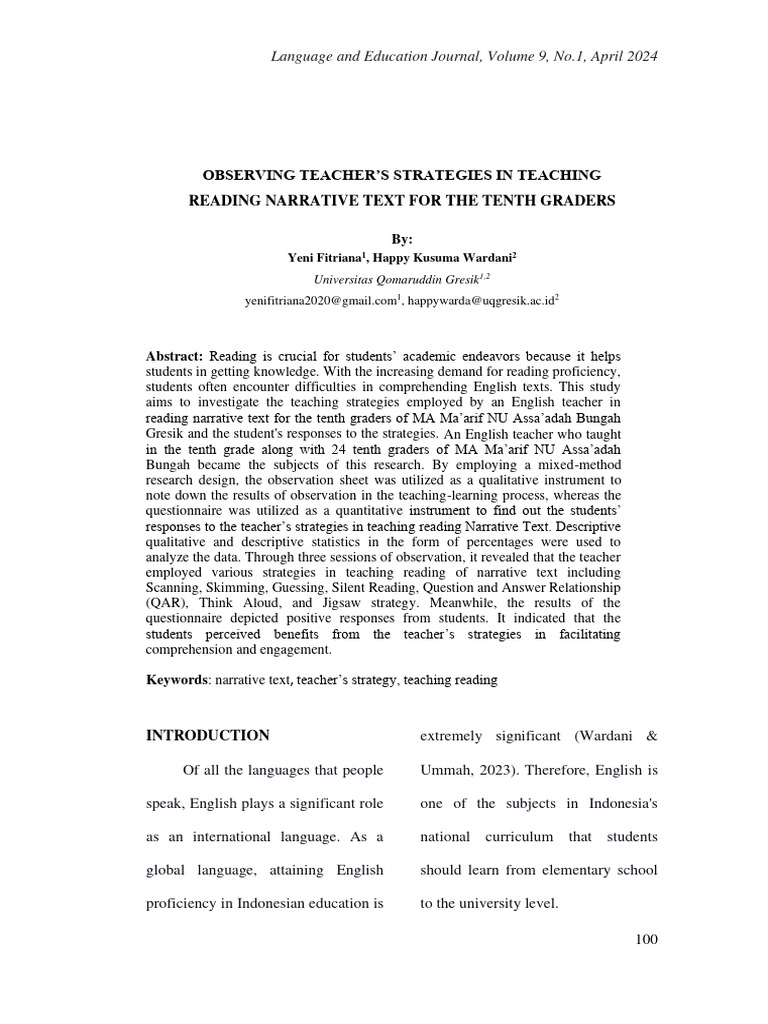 Observing Teacher's Strategies in Teaching Reading Narrative Text For ...