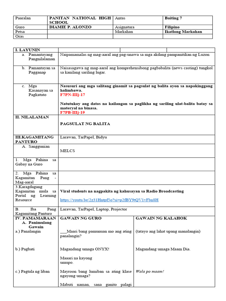 Lesson Plan - Week 6 | PDF
