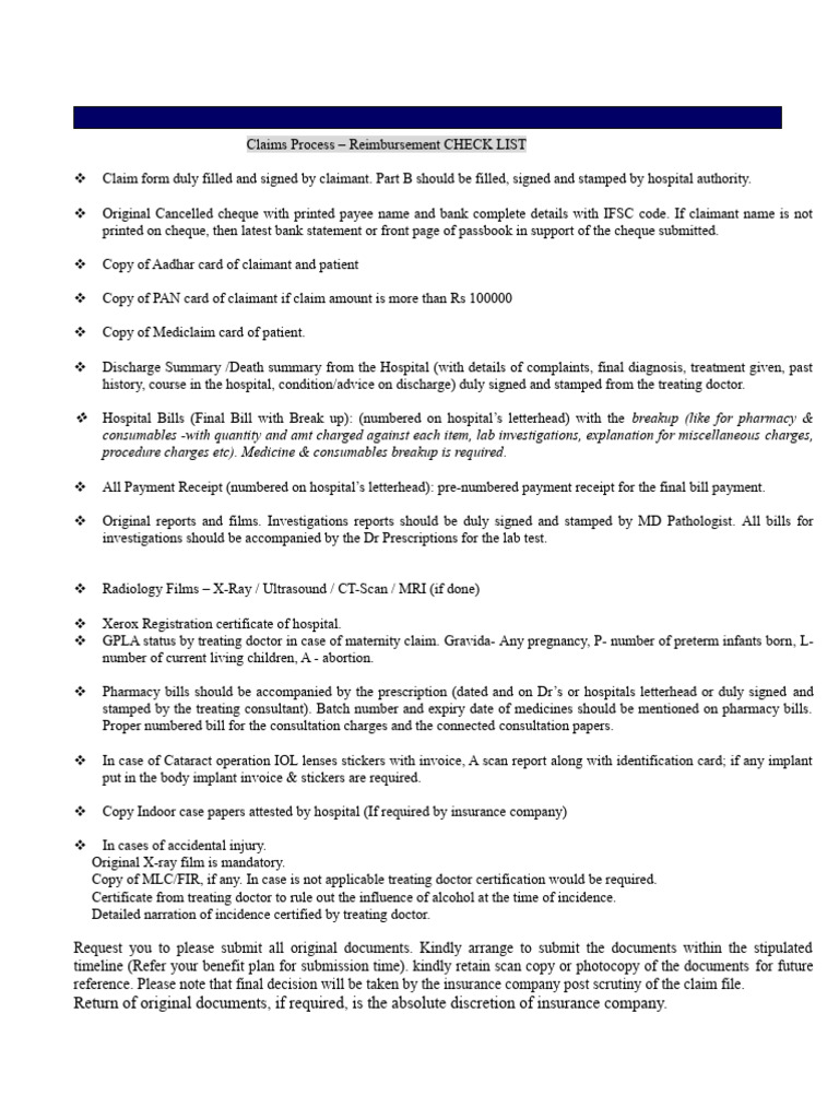Claims Reimbursement Checklist Guide | PDF | Cheque | Payments