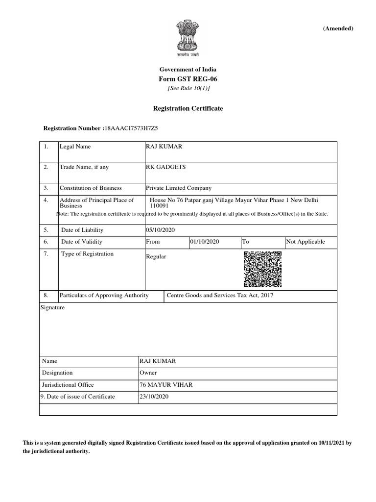 Raj Kumar GST Certificate | PDF | Business | Taxes