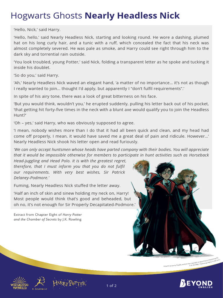 Nearly Headless Nick Worksheet | PDF | Harry Potter | Contemporary Fantasy Novels