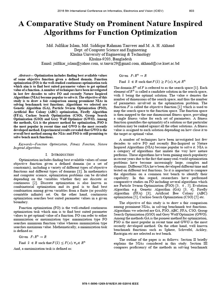 A Comparative Study On Prominent Nature Inspired | PDF | Mathematical Optimization | Natural ...