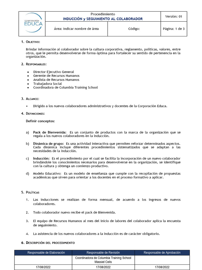 Procedimiento de Inducción | PDF | Enseñando | Gestión de recursos humanos