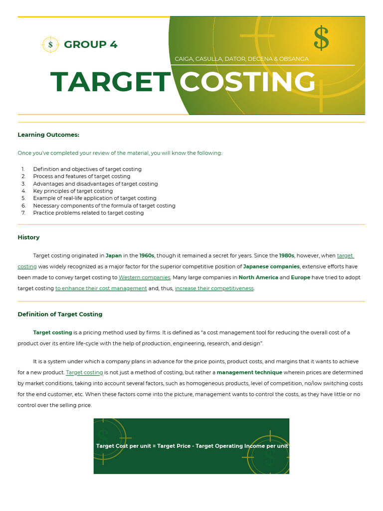 Target Costing Material (BSA221C) | PDF | Profit (Economics) | Prices