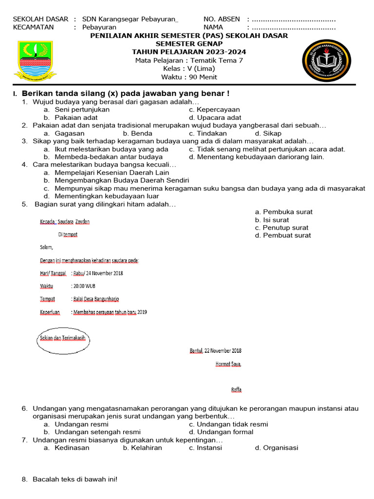 Soal Pas Tema 7 | PDF | Ilmu Sosial | Kajian Bahasa Asing