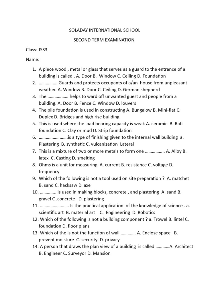 Soladay International School Basic Technology Jss3 | PDF | Door | Concrete