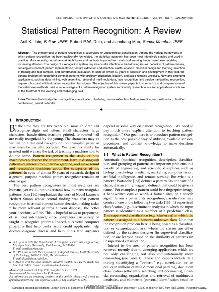 Statistical Pattern Recognition Review | PDF | Pattern Recognition ...