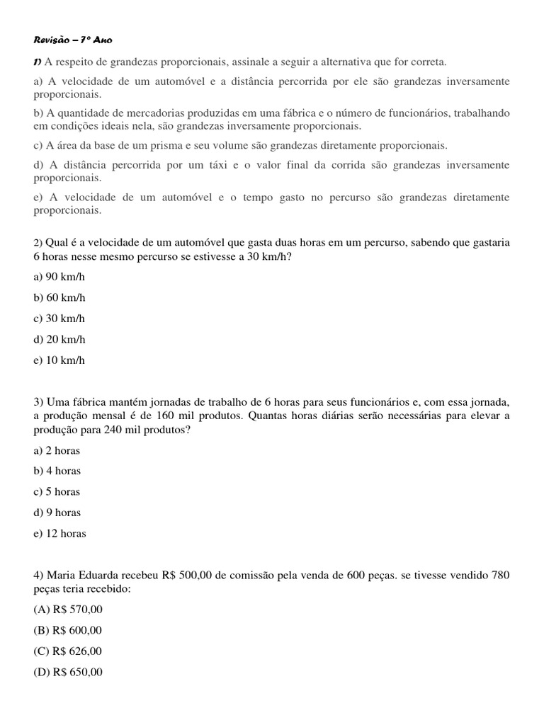 Revisão Matemática - 7 ano - Proporção Direta e Inversa | PDF | Tempo ...