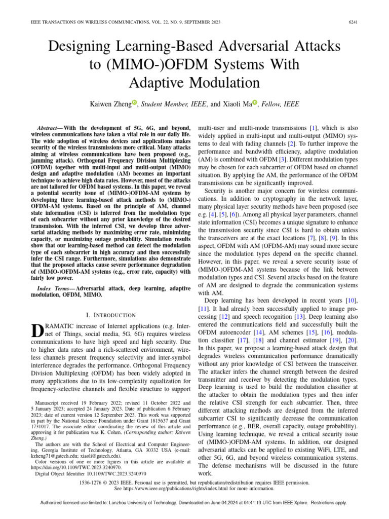 Designing Learning-Based Adversarial Attacks To MIMO-OfDM Systems With Adaptive Modulation | PDF ...