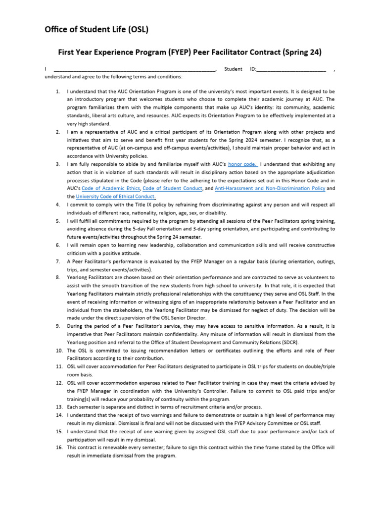 FYE Peer Facilitator Contract - Spring 24 | PDF | Social Psychology