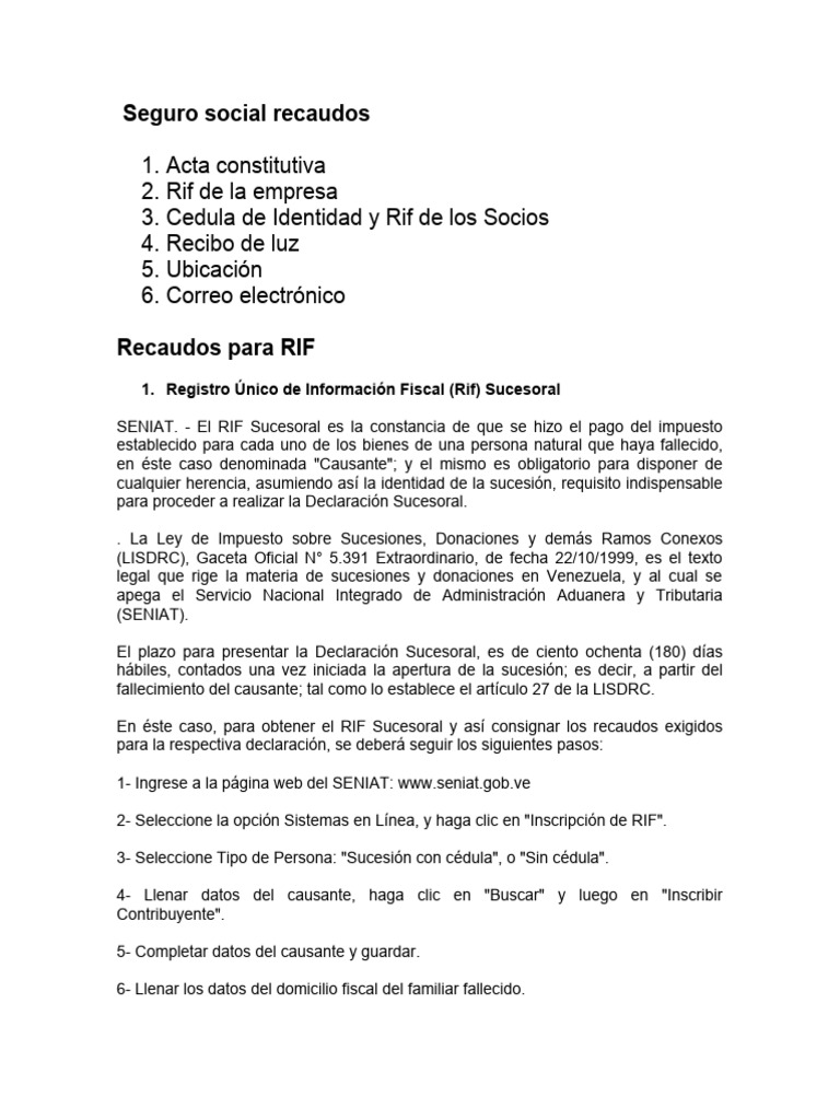 Recaudos Seguro Social y Rif (Susorial) | PDF | Documento de identidad | Certificado de nacimiento