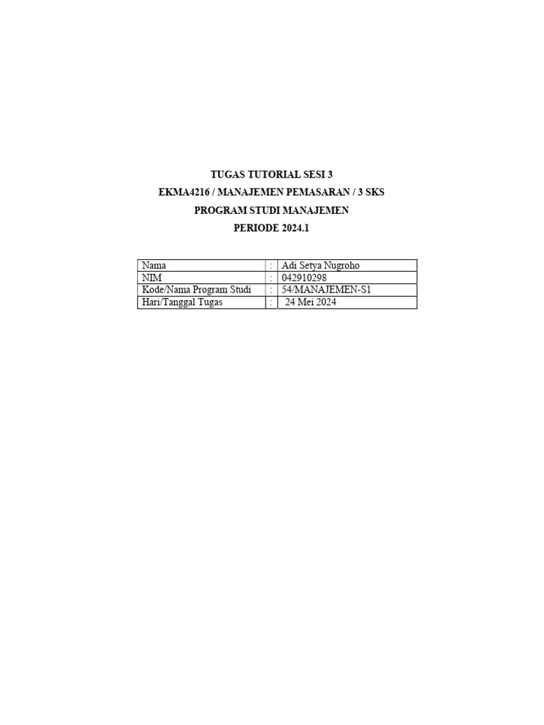 TUGAS TUTORIAL SESI 3 - Manajemen Pemasaran | PDF | Karier & Perkembangan