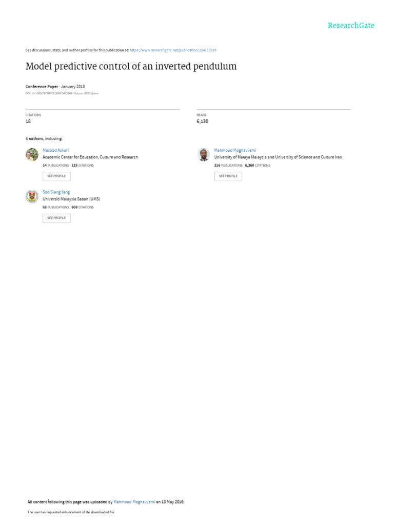 Model Predictive Control of An Inverted Pendulum | PDF | Control Theory | Mechanics