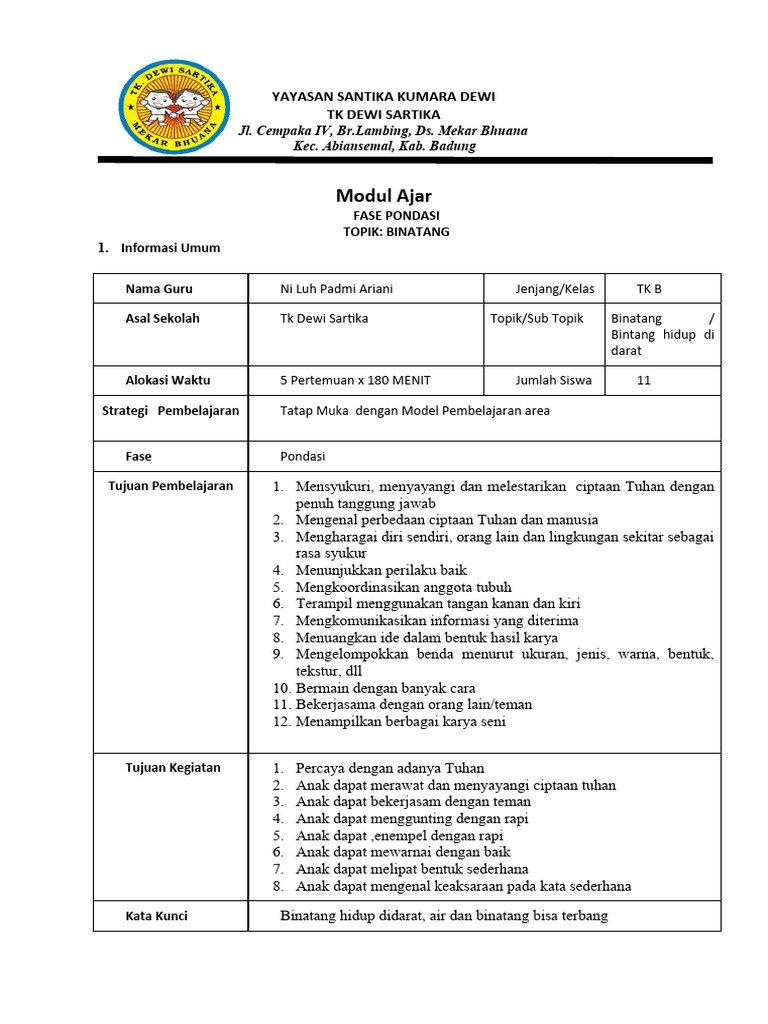 Modul Ajar m12 Binatang Darat | PDF
