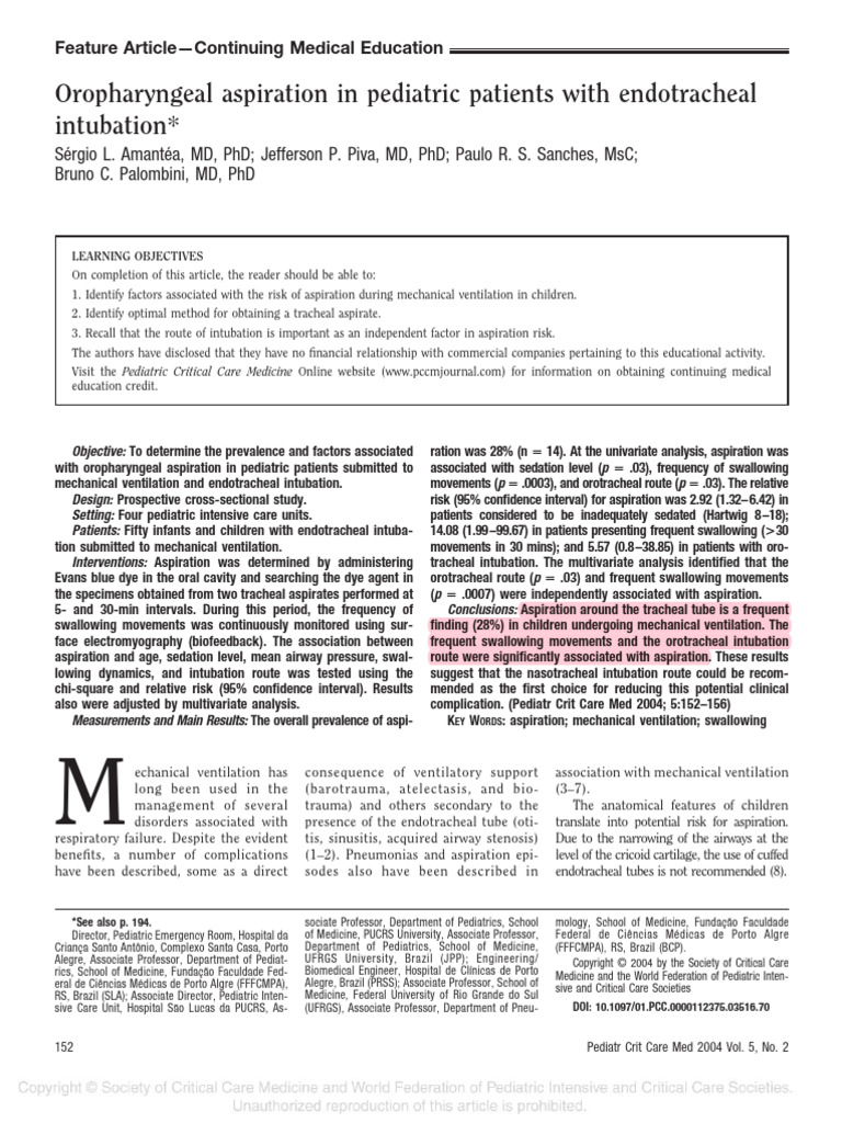 Oropharyngeal Aspiration in Pediatric Patients With Endotracheal ...