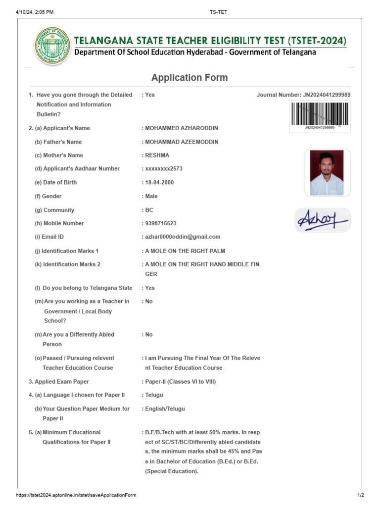 Ts-Tet-Application Form | PDF