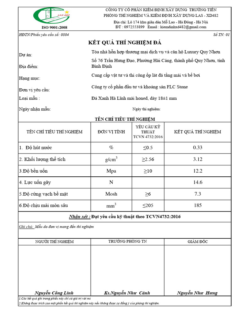 3. Kết quả thí nghiệm đá theo 5 tiêu chuẩn của Ban QLDA QUY NHƠN 2021 | PDF