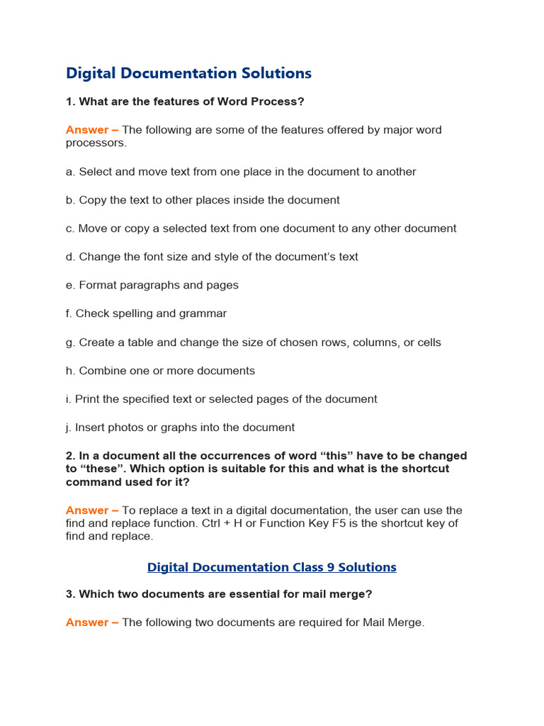 class 9 Digital Documentation Solutions | PDF | Word Processor | Microsoft Word
