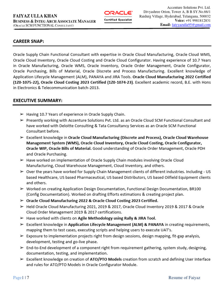 Resume Faiyaz Khan Oracle Cloud SCM 2024 | PDF | Supply Chain ...
