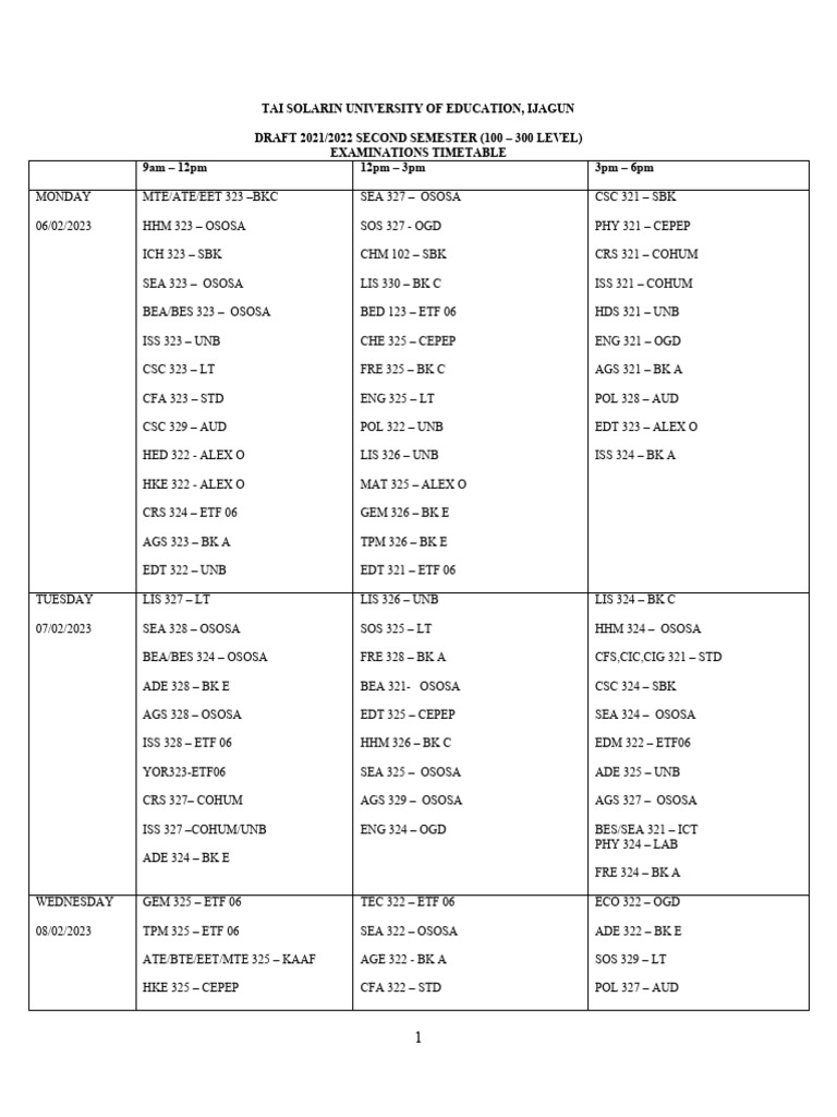 2021 2022 Second Semester Exam Timetable 100 300 | PDF