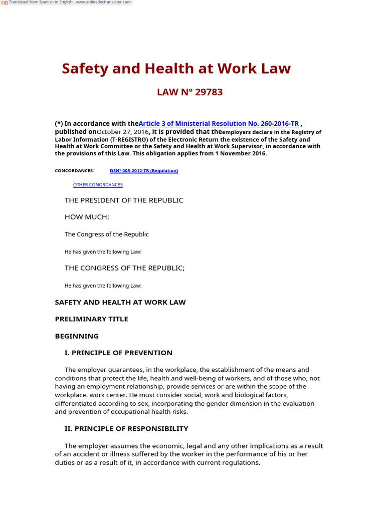Ley 29783 - Ley de Seguridad y Salud en El Trabajo - Es.en | PDF ...