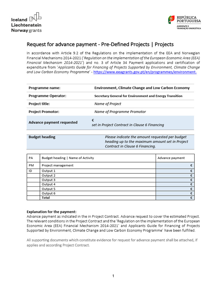 Request For Advance Payments Template - Environment Programme | PDF ...