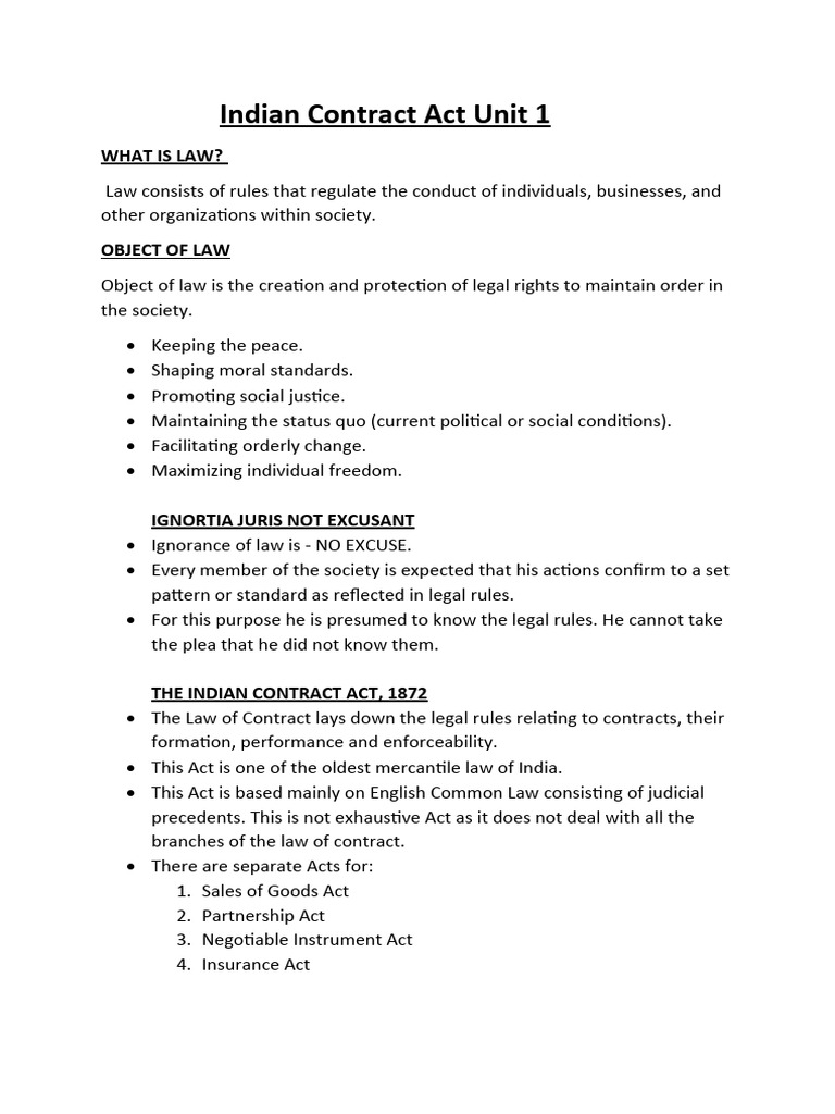 Indian Contract Act Unit 1 | PDF | Offer And Acceptance | Void (Law)