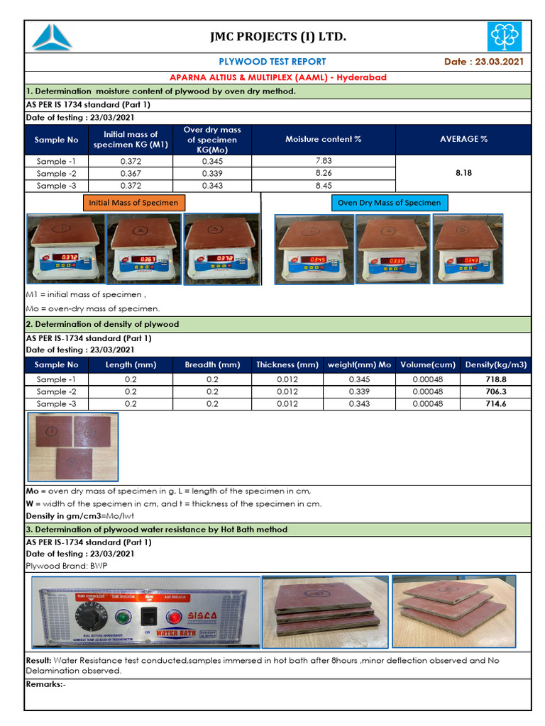 Plywood Test Report: Water Resistance | PDF