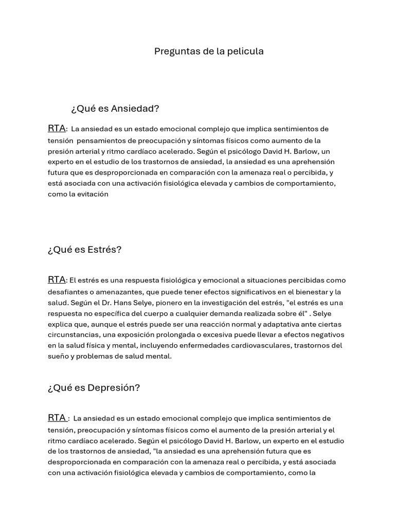 Preguntas de La Pelicula | PDF | Ansiedad | Estrés (biología)