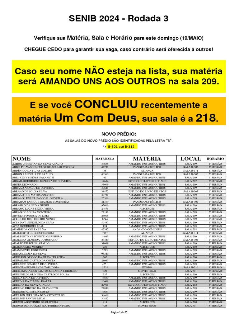 Lista de Aulas e Salas SENIB 2024 | PDF