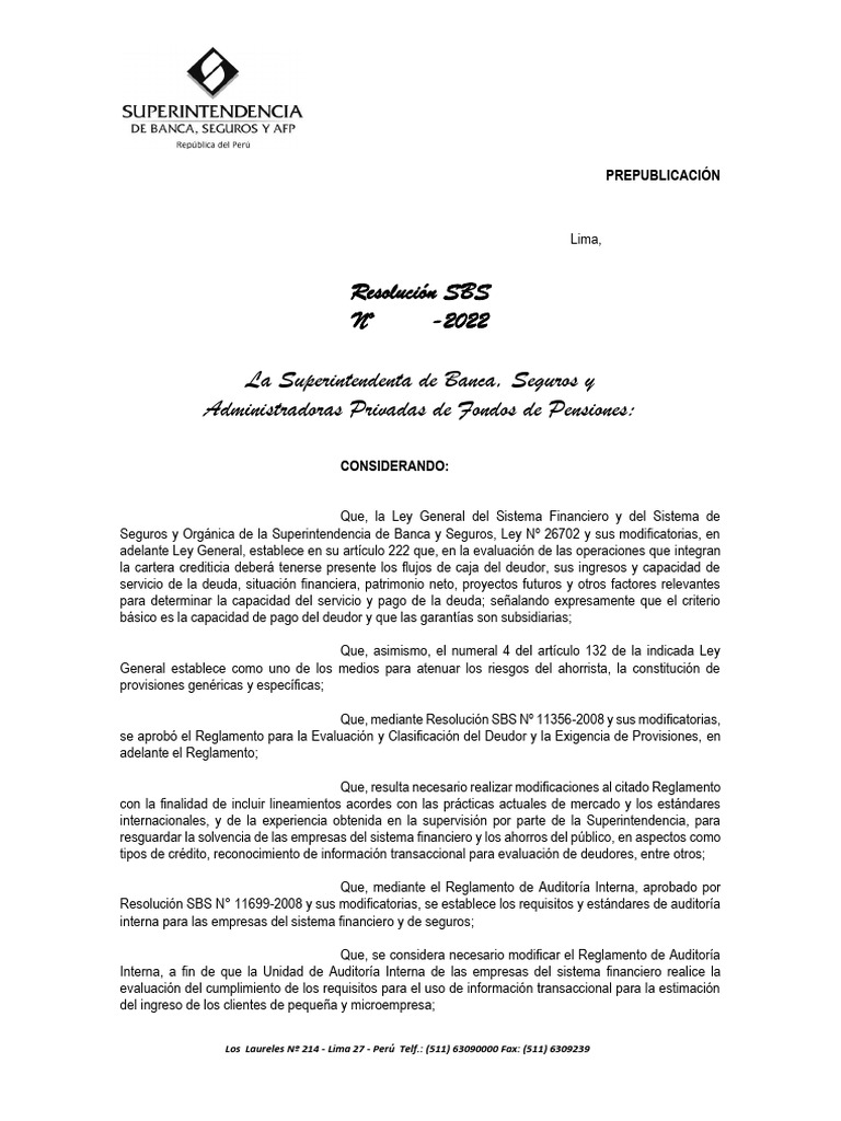 Resolución SBS #-2022 La Superintendenta de Banca, Seguros y Administradoras Privadas de Fondos ...