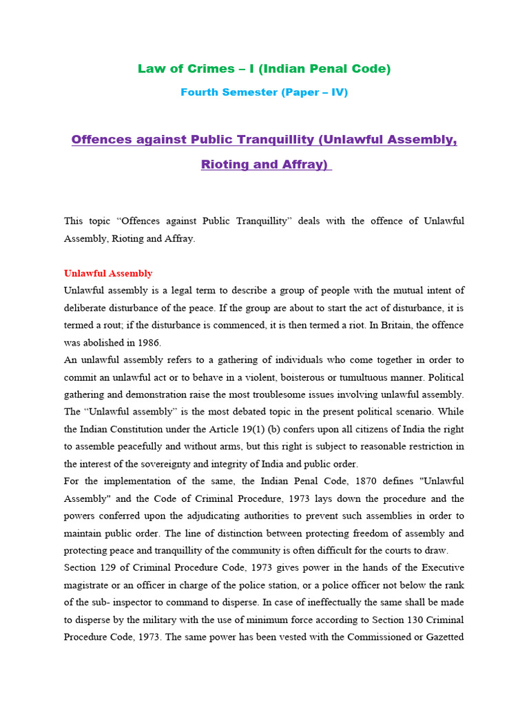 Offences Against Public Tranquillity (Unlawful Assembly, Rioting and ...