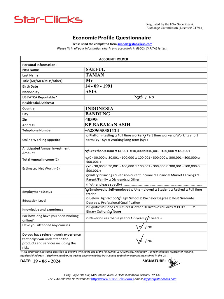 Economic Profile Questionnaire Form | PDF | Contract For Difference ...
