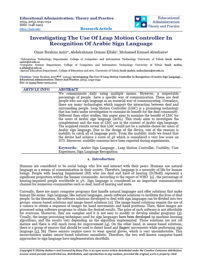 Investigating The Use Of Leap Motion Controller In Recognition Of