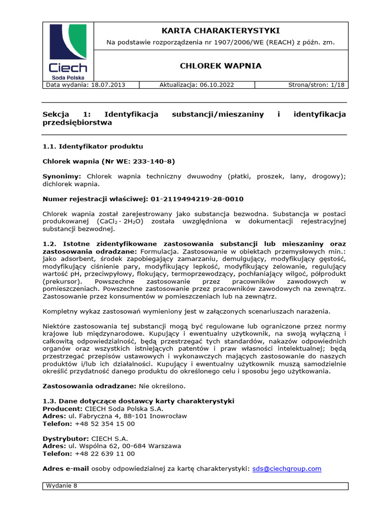 Karta Charakterystyki - Chlorek Wapnia 2023 | PDF