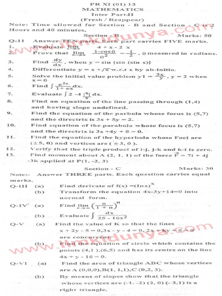 Past Papers 2013 Peshawar Board Inter Part 2 Mathematics Section B | PDF