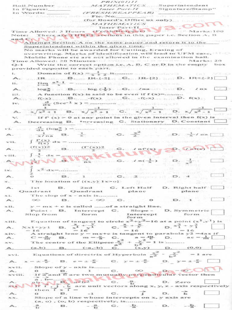 Past Papers 2011 Peshawar Board Inter Part 2 Mathematics Section A | PDF