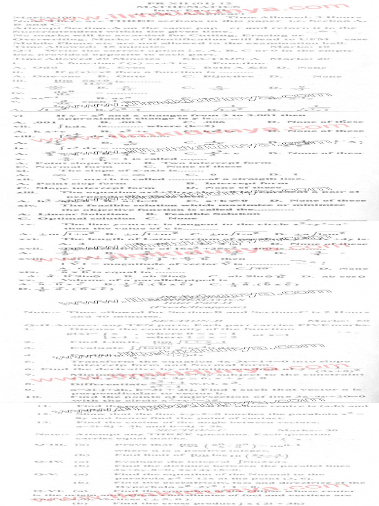 Past Papers 2012 Peshawar Board FSC Part 2 Mathematics English Version ...