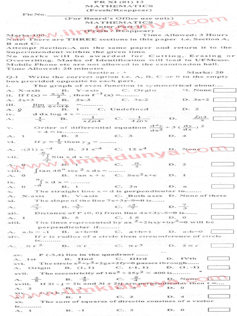 Past Papers 2013 Peshawar Board Inter Part 2 Mathematics Section A | PDF