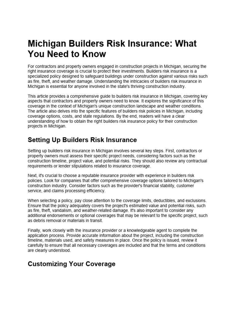 Michigan Builders Risk Insurance Guide | PDF | Insurance | Risk
