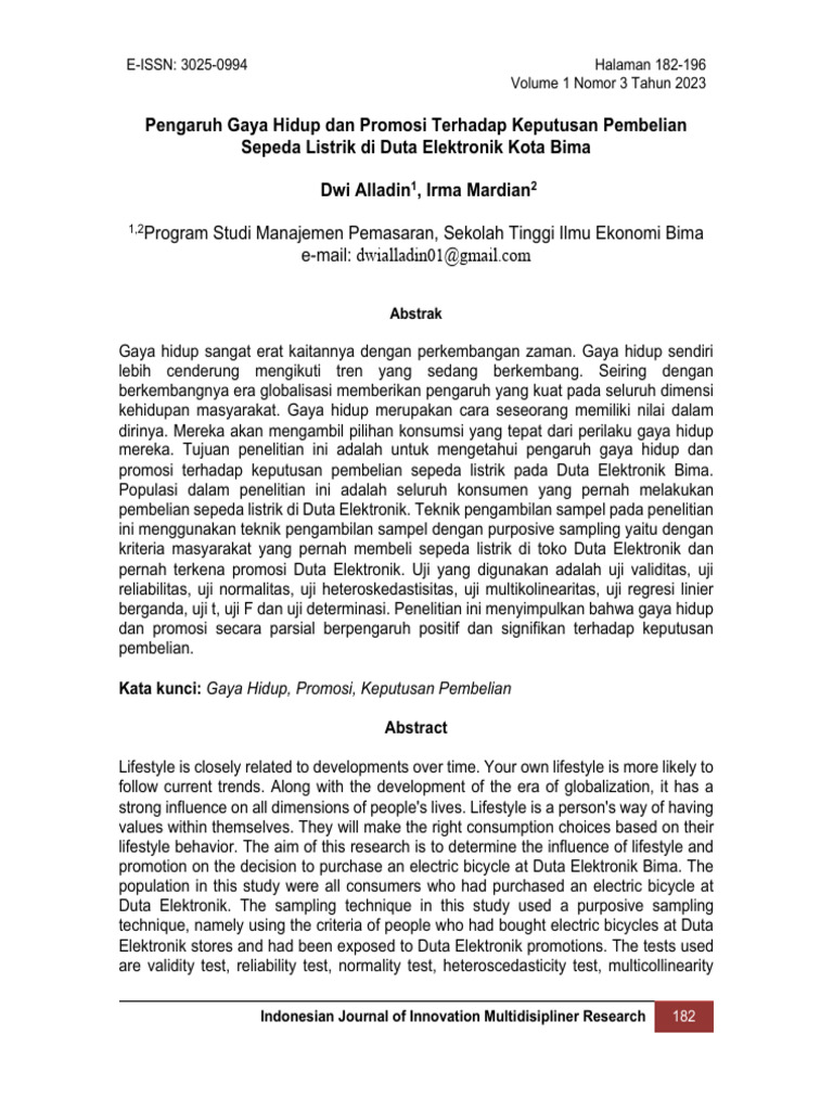 Pengaruh Gaya Hidup Dan Promosi Terhadap Keputusan Pembelian Sepeda Listrik Di Duta Elektronik ...