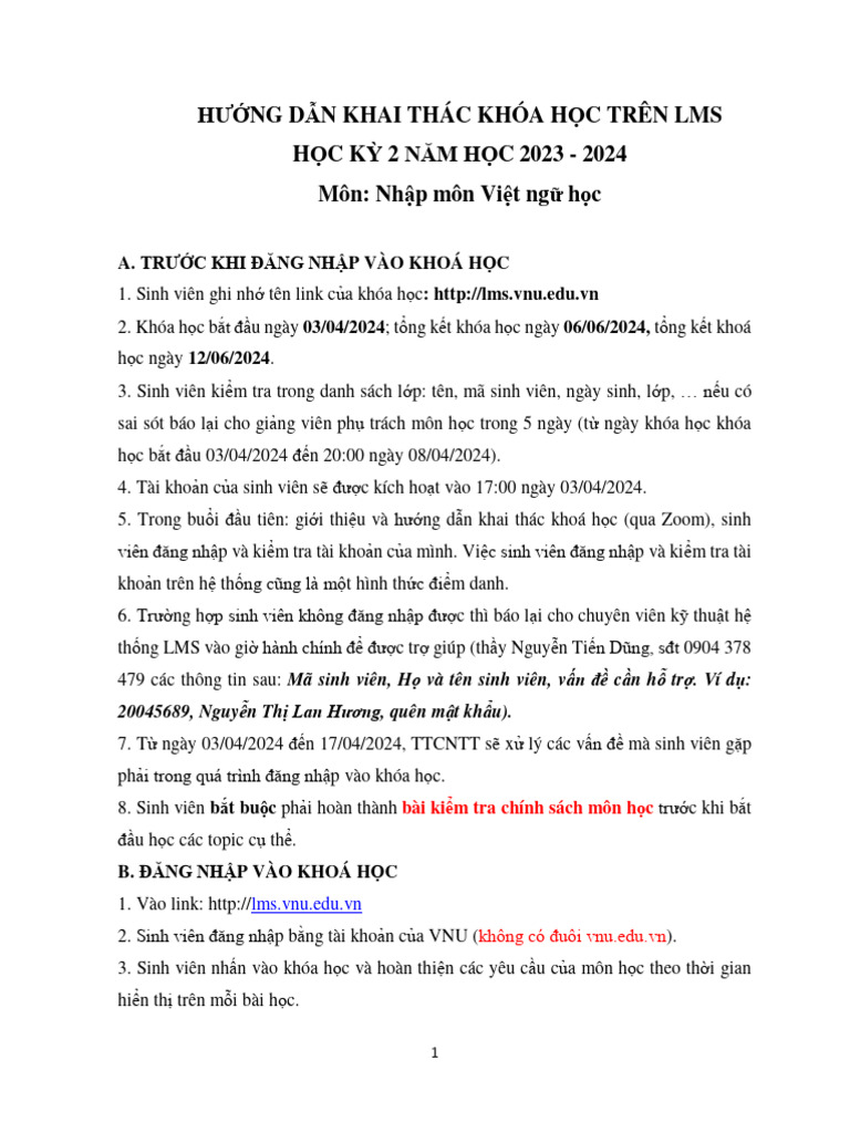 Hướng dẫn học trên LMS kì 2 (2023-2024) | PDF