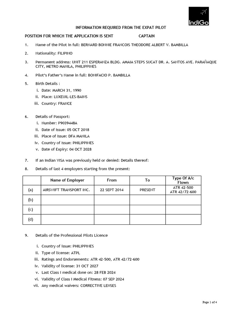 IGO Pilot Information Form Expat ATR V2 | PDF | Flight Instructor ...