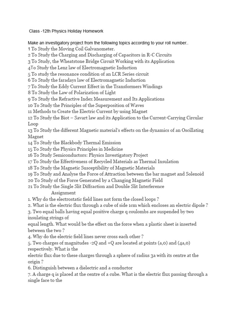 12th Physics Holiday Homework | PDF | Magnetic Field | Electromagnetic ...