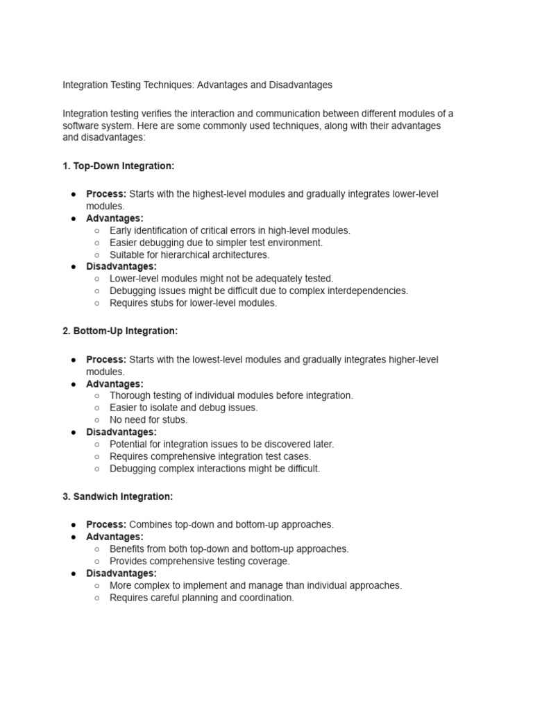 What Are The Different Integration Testing Techniques Mention Their Advantages And